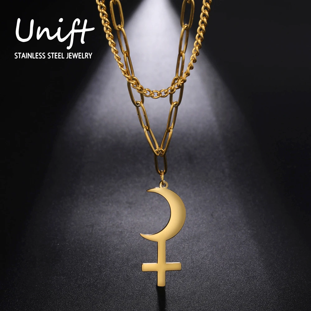 Unift Vintage Black Moon Lilith Pendant Necklace Crescent Moon Cross ...