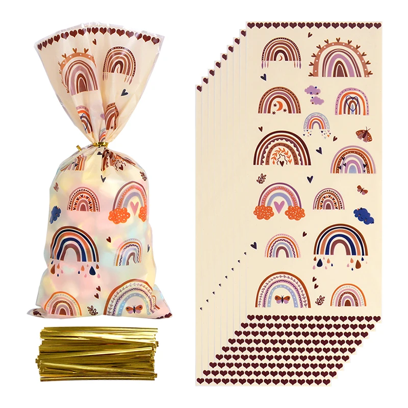 20/50pcs Boho Rainbow Candy Bags Cute Heart Plastic Cookie Gifts ...