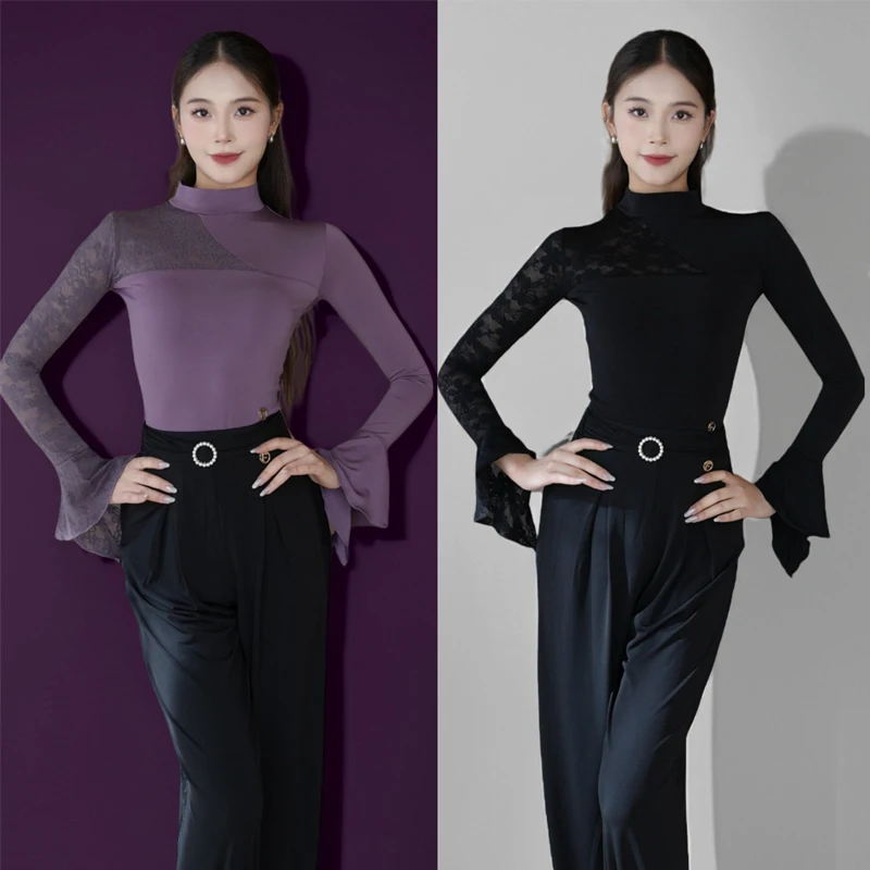 New Long Sleeves Ballroom Dance Top Female High Collar Latin Dance Tops ...