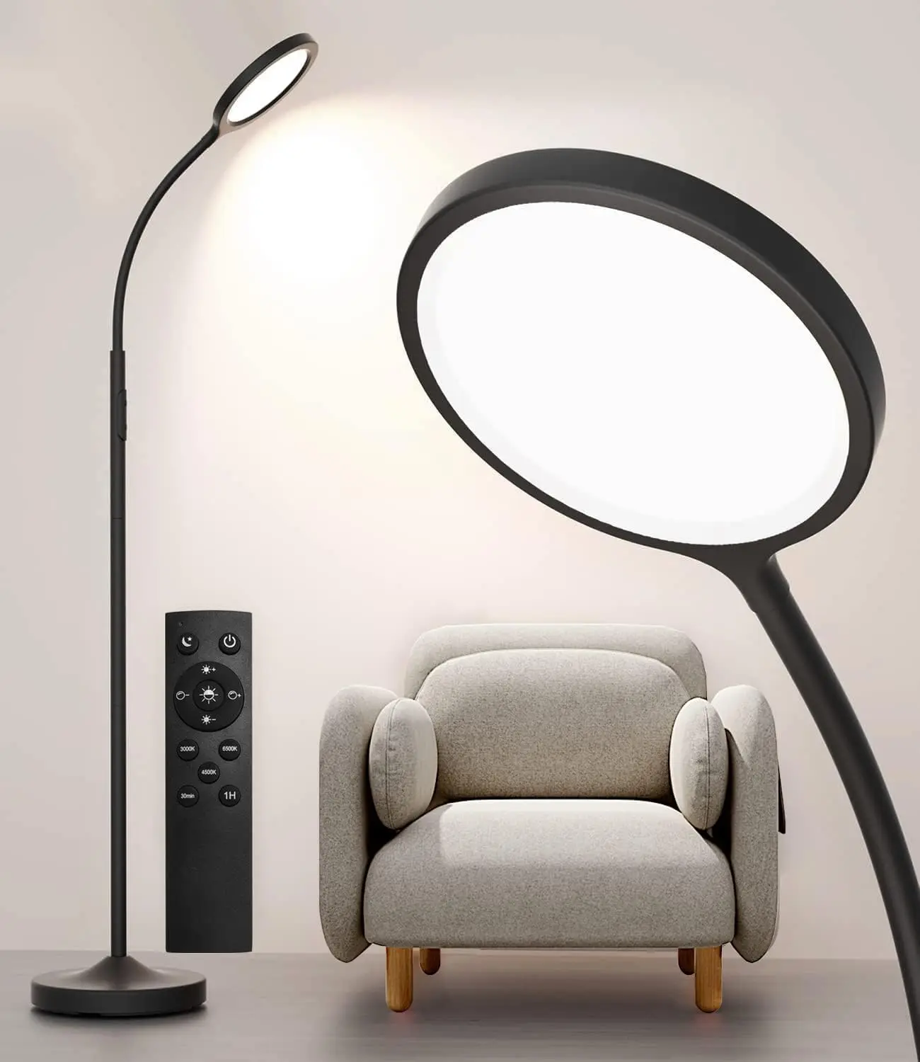 Dimmable LED Floor Lamp, Adjustable Gooseneck with Remote, Black ...
