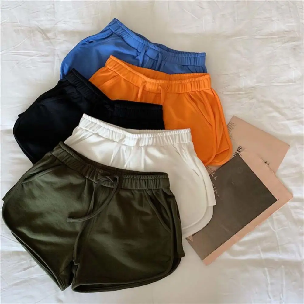 Home Casual Women Shorts Solid Color High Waist Drawstring Pockets ...