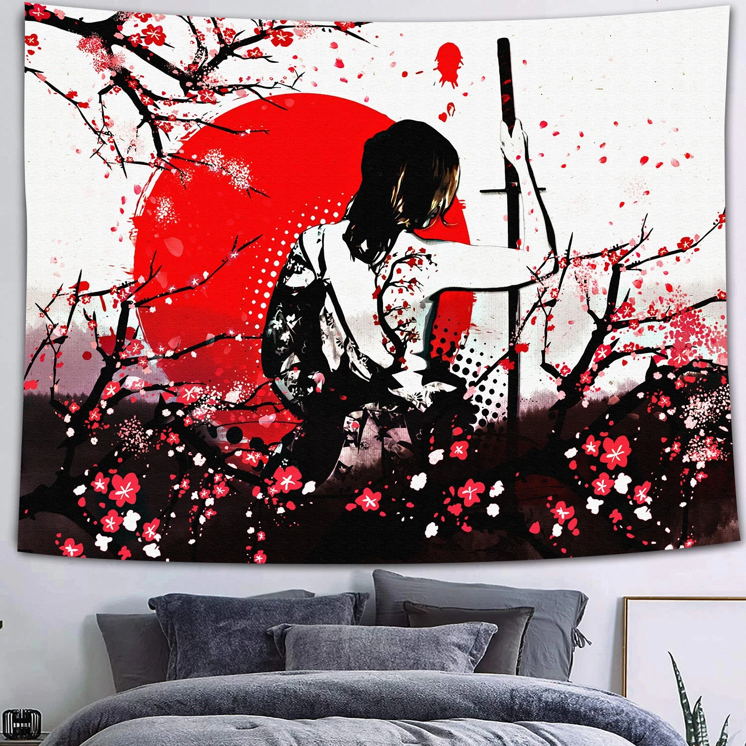 Home Decor Japanese Samurai Tapestry Burning Sun Tapestry Living Room ...