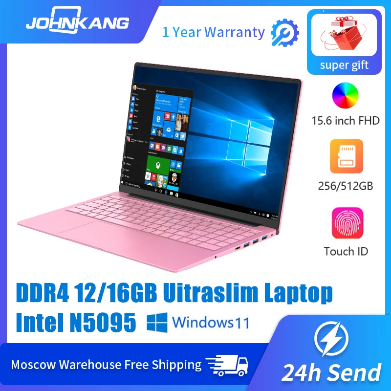 JOHNKANG 15, 6 Polegada Mulher Rosa Laptop Intel Celeron N5095 16G RAM ...