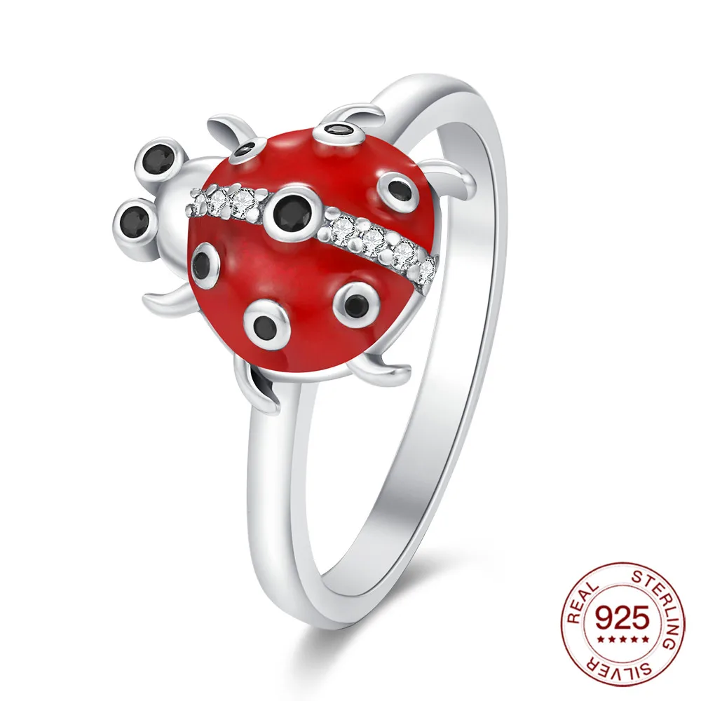 New Pure Silver Creative Insect Ring Cute Seven-spotted Ladybug Ring ...
