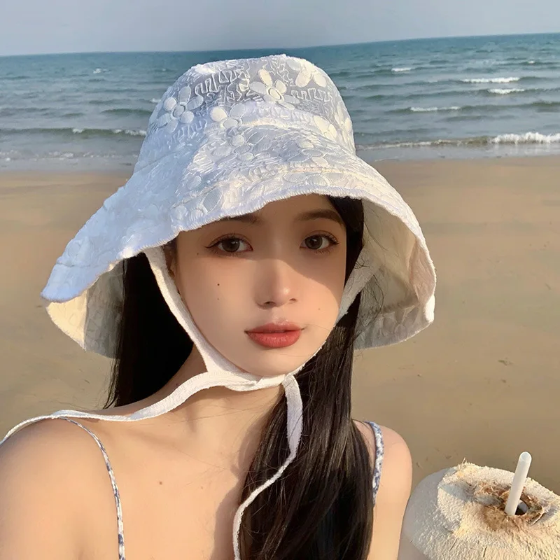 2022 요정 모자 레이스 보우 스트랩 빅 브림 어부 모자 봄 여름 선 스크린 양동이 모자 양산 일본 여성용 모자