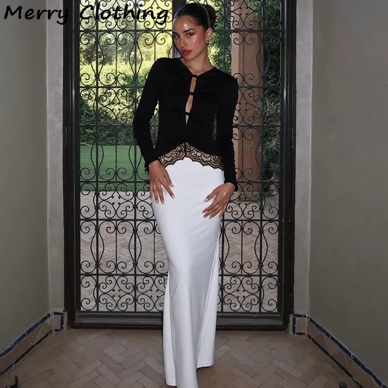 Elegant Splicing Lace Satin Maxi Dress Women Sexy Front Hollow Out Long ...