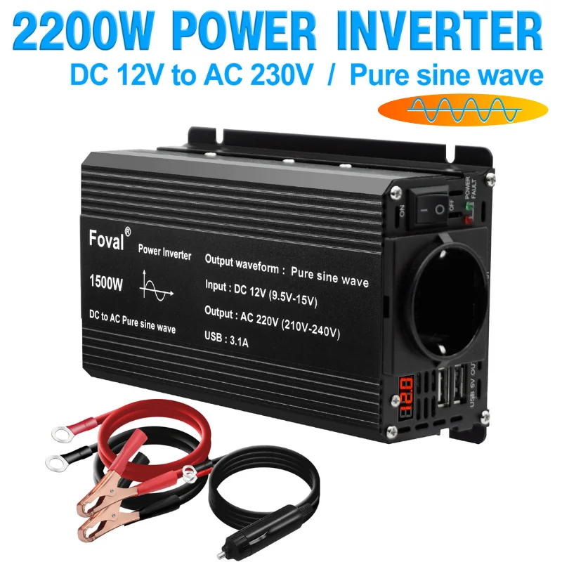 Pure Sine Wave 1500w 2200w Dc 12v To 220v Rate Power Peak Car Plug Inverter Adapter Power ...