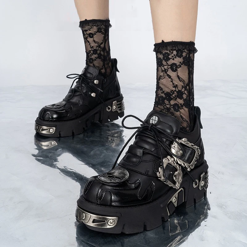 Gothic-Punk-Style-Women-Sneakers-Flat-Platform-Metal-Toe-Chunky ...