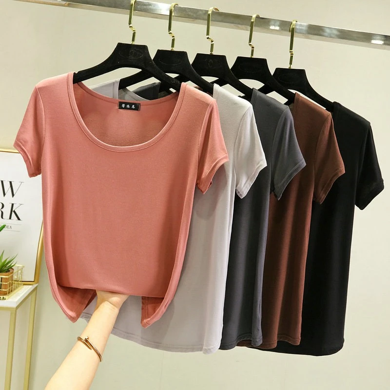 Solid color Women T shirt U Neck T Shirt Short Sleeve Casual Loose ...