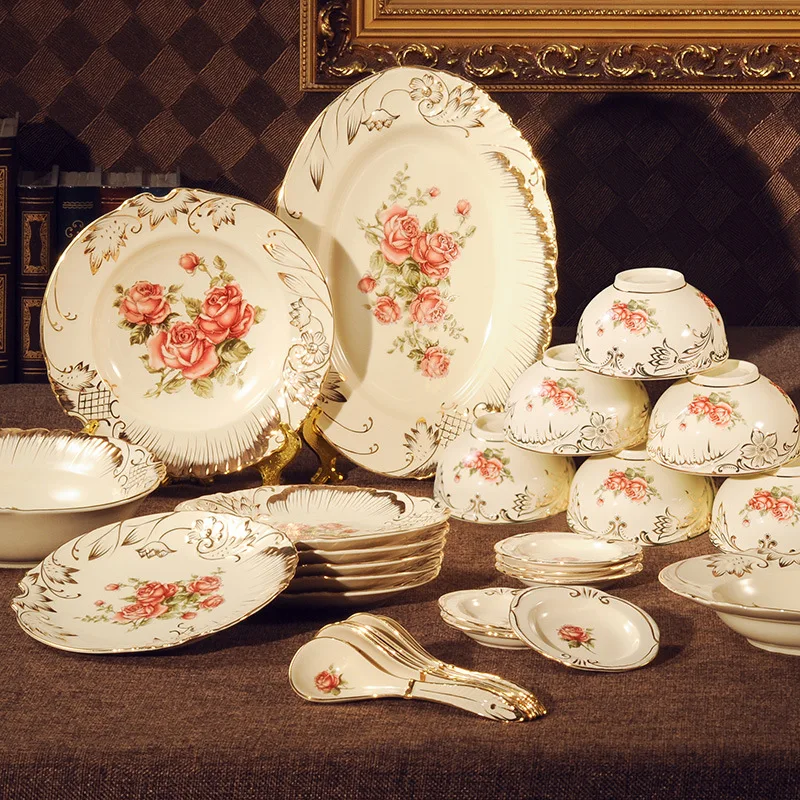 European-style ceramic tableware, bowls, spoons, embossed gold-plated ...