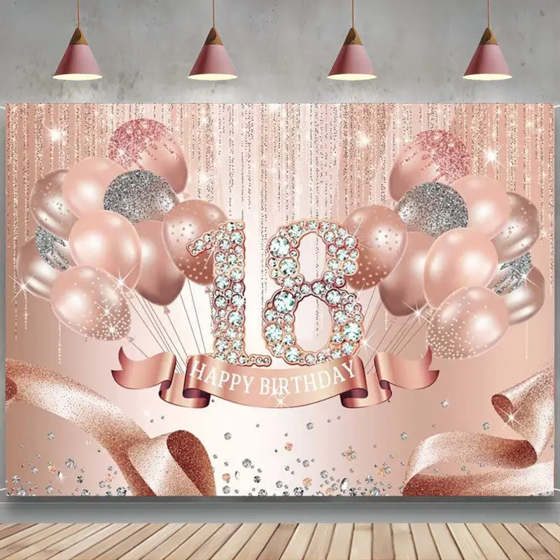 Rose Gold Happy 18th Birthday Backdrop Decoration Pink Balloon Diamond ...