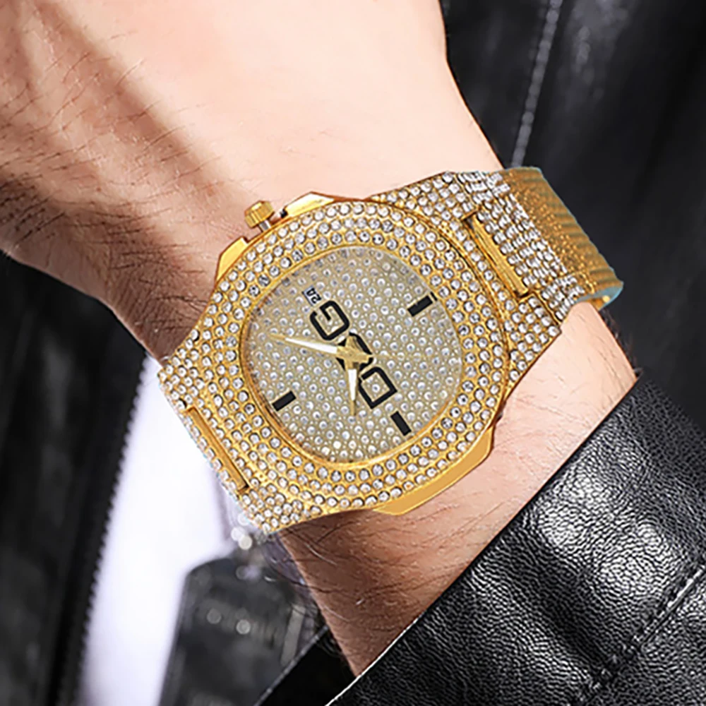 Luxury-Gold-Men-s-Watch-Square-Full-Star-Diamonds-Large-Dial-Calendar ...