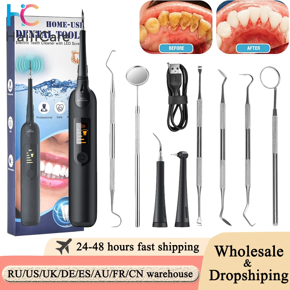 LED Electric Sonic Scaler Toothbrush Set Stains Dental Calculus Remover ...