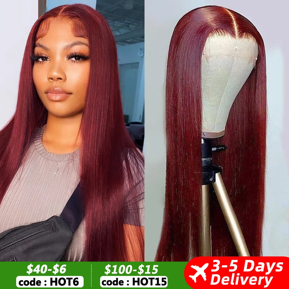 Perruque Lace Front Wig péruvienne naturelle, cheveux lisses, bordeaux ...