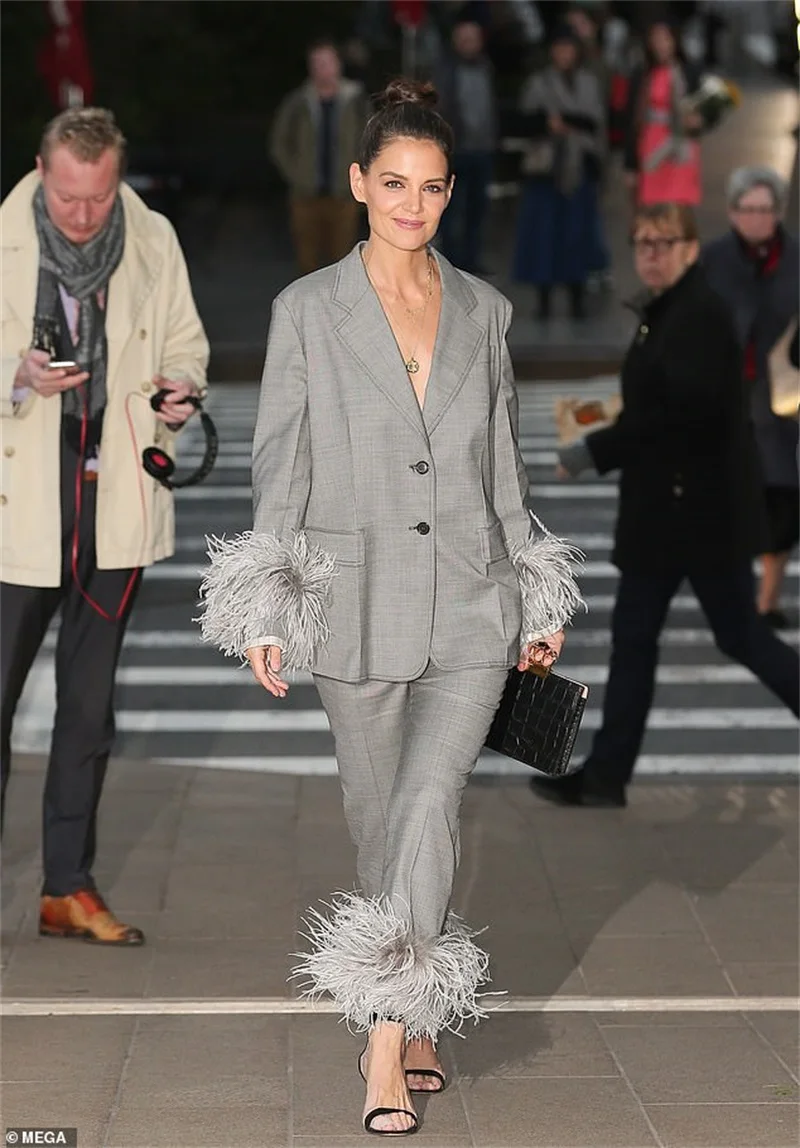 Designer-Women-Suits-Office-Sets-2-Pcs-Gray-Ostrich-Feather-Mother-Of ...