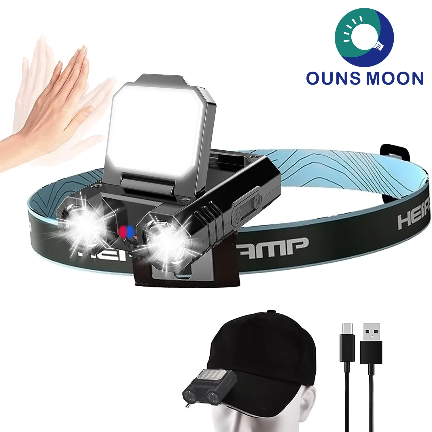 Rechargeable-Cap-Light-LED-with-5-Modes-Head-Lantern-Motion-Sensor-Head ...