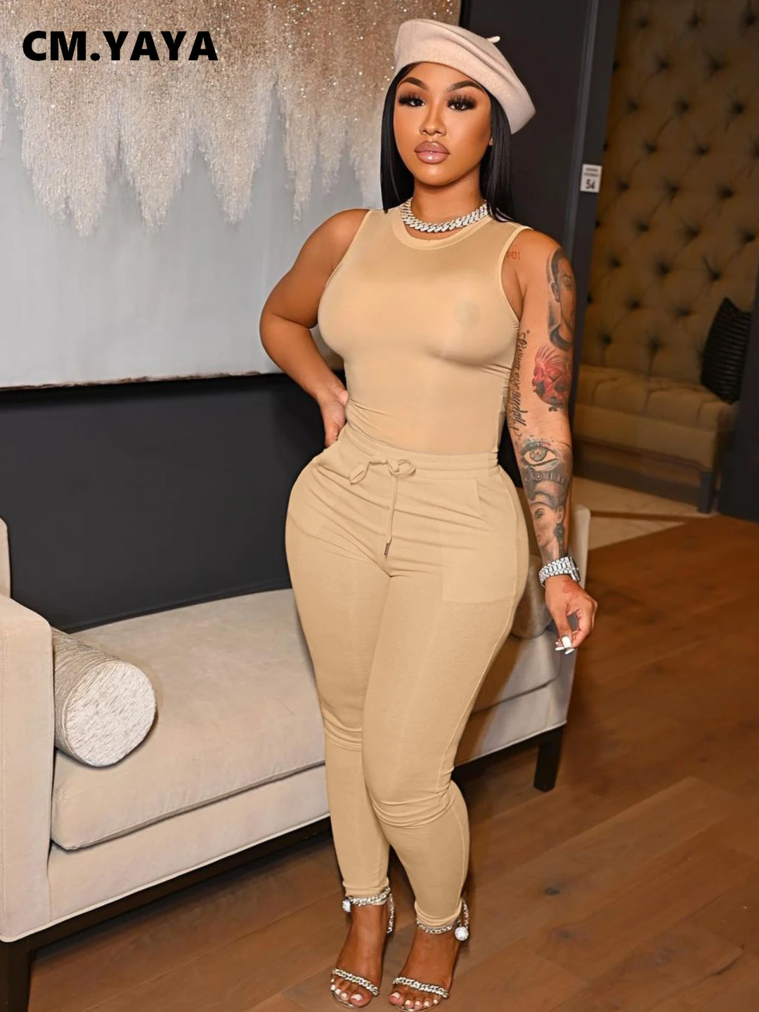 Cm.yaya Classic Basic Solid Women 2pcs Set Tank Tops And Pants Set 2022 Sport Fashion Sweatsuit ...