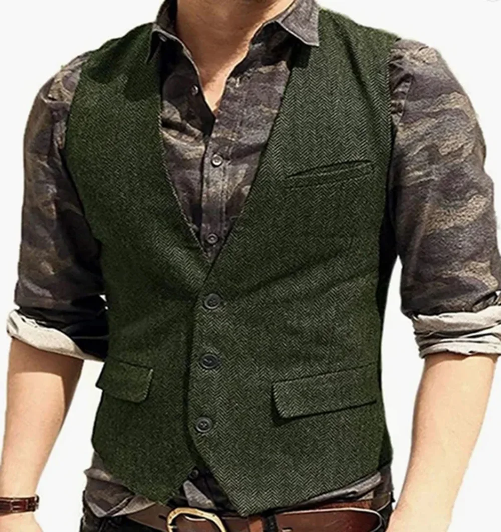 Black-Flip-Pocket-Men-Suit-Vest-V-Neck-Jacket-Herringbone-Tweed ...