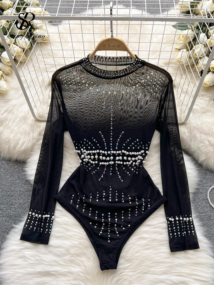 SINGREINY Beading Sequins Mesh Bodysuits Women O Neck Summer Sexy Party ...