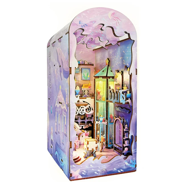 DIY Wooden Book Nook Shelf Insert Miniature Building Kits Figure Palace Bookshelf Bookends ...