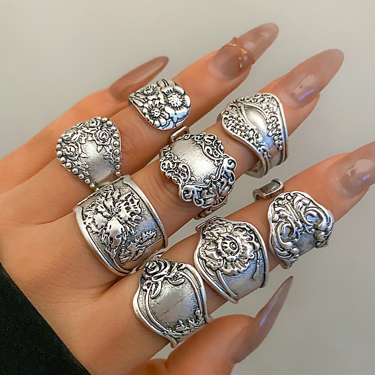 Retro-Open-Adjustable-Patterned-Rings-Set-for-Women-Trendy-Big-Finger ...