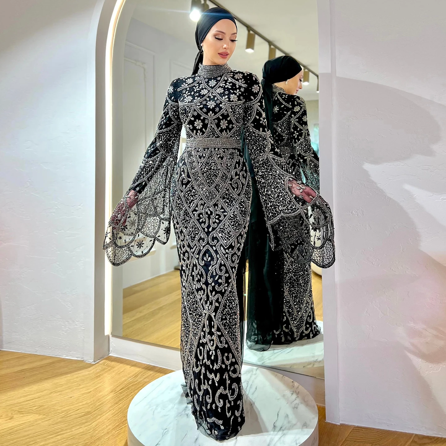 Sharon-Said-Black-Beaded-Dubai-Luxury-Muslim-Evening-Dress-with-Flare ...
