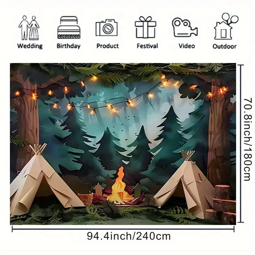 2D flat 1pc summer campfire tent background banner - A vibrant forest ...
