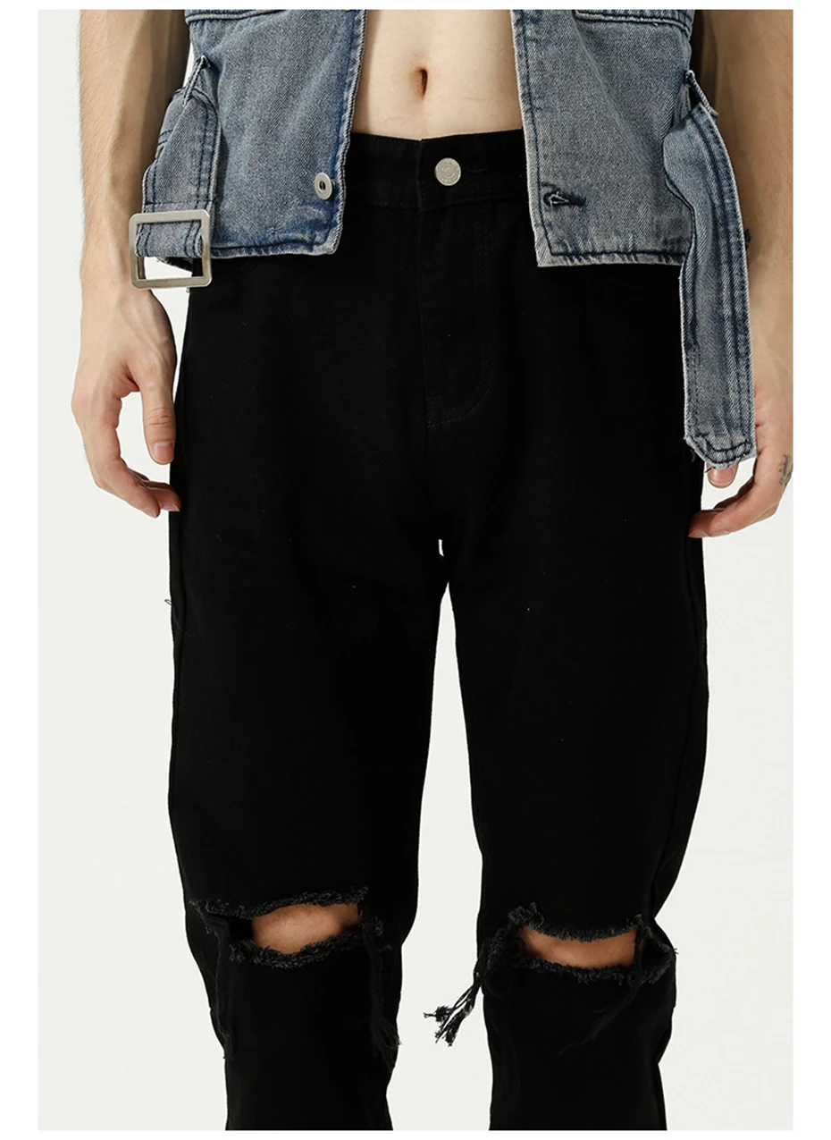 Black Slim Ripped Zipper Fashion Ripped Jeans for Men