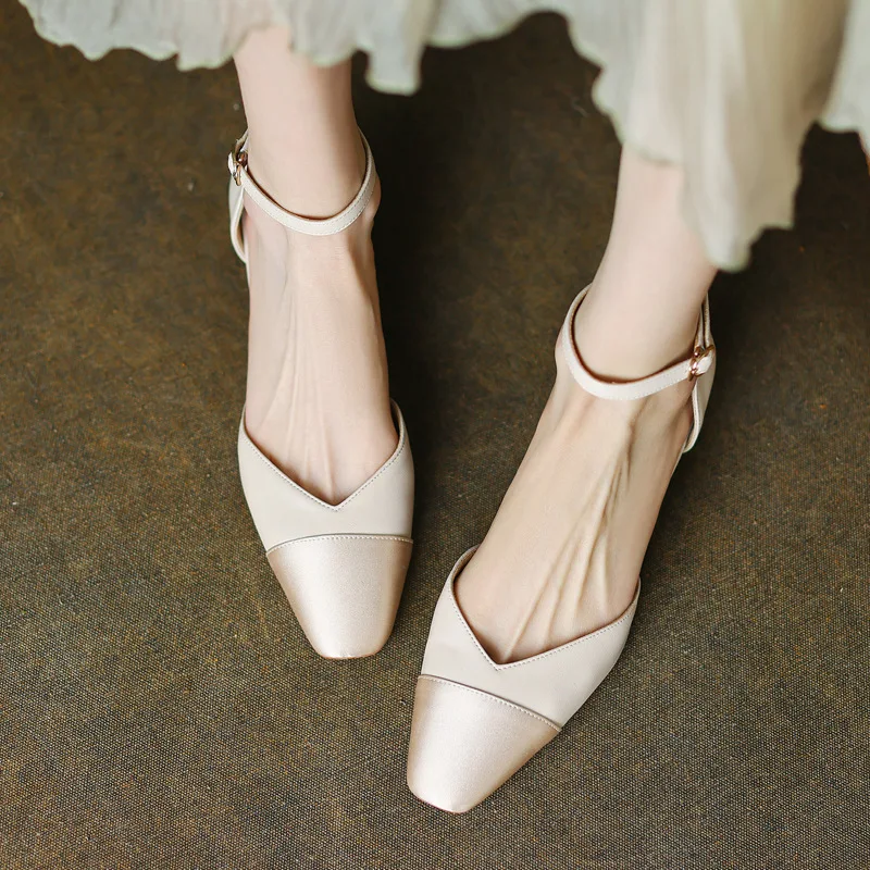 Sandalias de seda con punta cuadrada para mujer, zapatos huecos de cuero de vaca, de tacón bajo ...