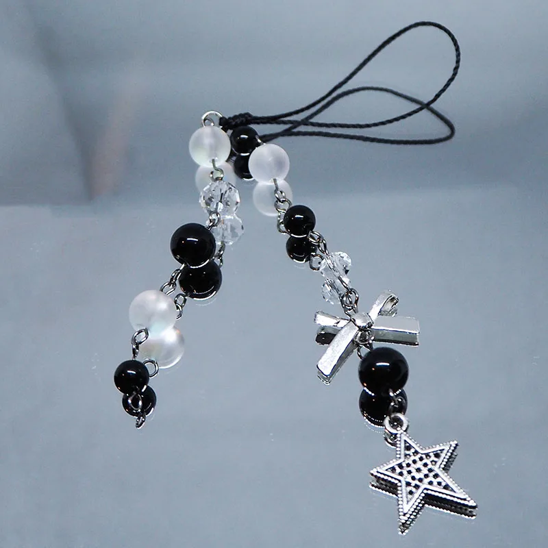 Black Mobile Phone Chain Y2K Bow Clear Beads Keychain Star Charm ...