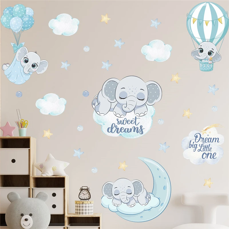 Cartoon-Elephant-With-Moon-Star-Cloud-Wall-Stickers-For-Kids-Bedroom ...