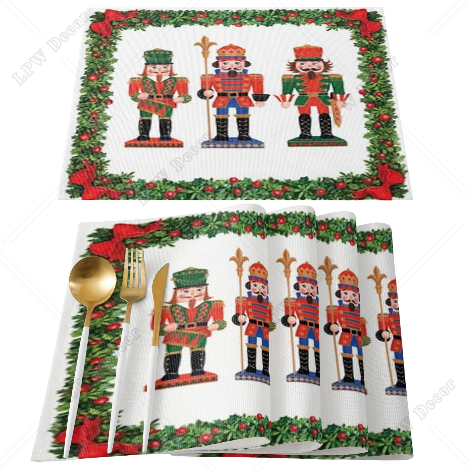 4-6pc-Set-Nutcracker-With-Green-Leaves-And-Balls-Table-Mat-For-Dining ...