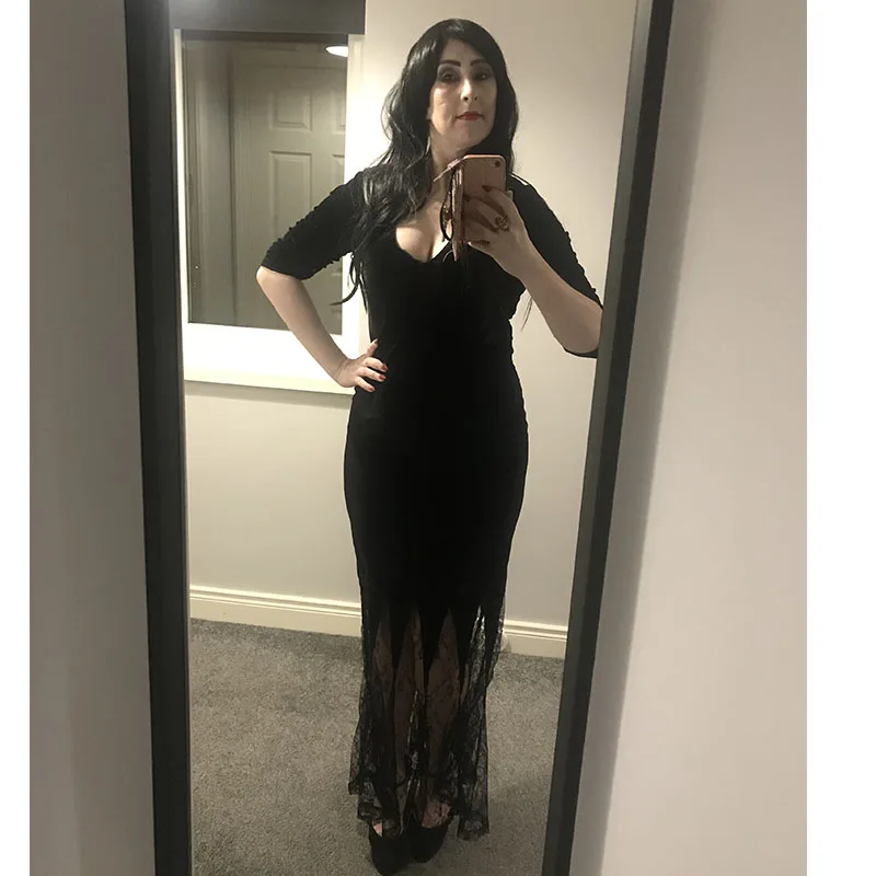 WEDDING ADDAMS FAMILY Morticia Black gothic witch costume Long Vampire ...