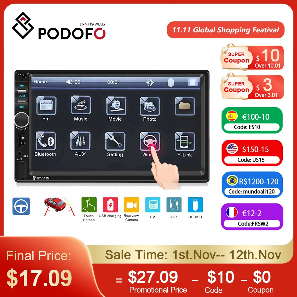 Podofo Autoradio 2 Din Car Radio 7" Hd Touch Screen Audio Stereo 7018b Video Mp5 Multimedia ...