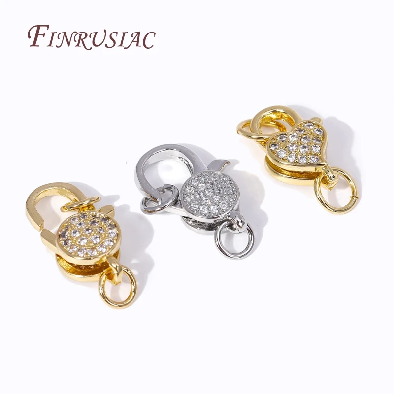18K Gold Plated Brass Heart/Round Lobster Clasps with Open Ring,Inlaid ...
