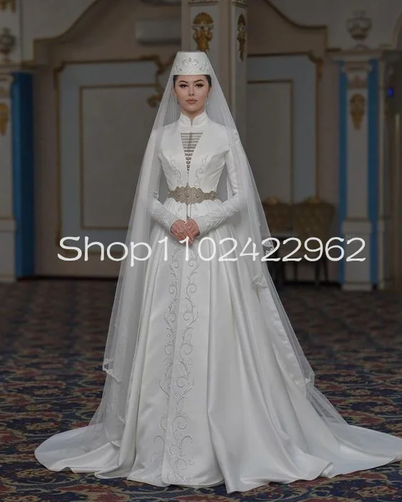Ingush-national-Wedding-Dresses-High-Neck-Long-Sleeve-Embroidery-Beaded ...