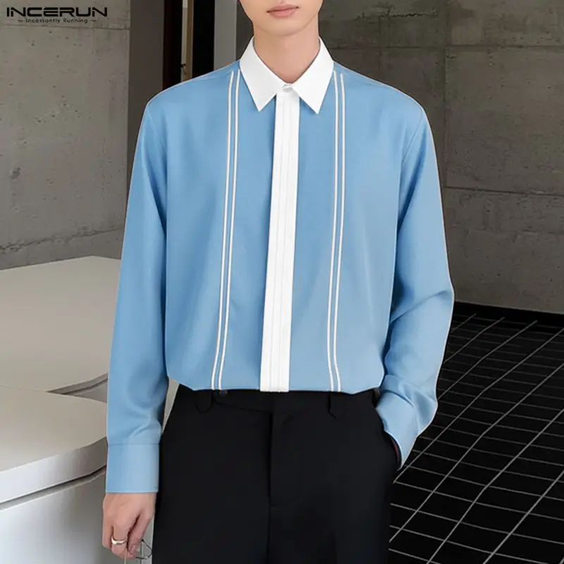 INCERUN Men Shirt Lapel Long Sleeve Color-block Casual Men Clothing ...