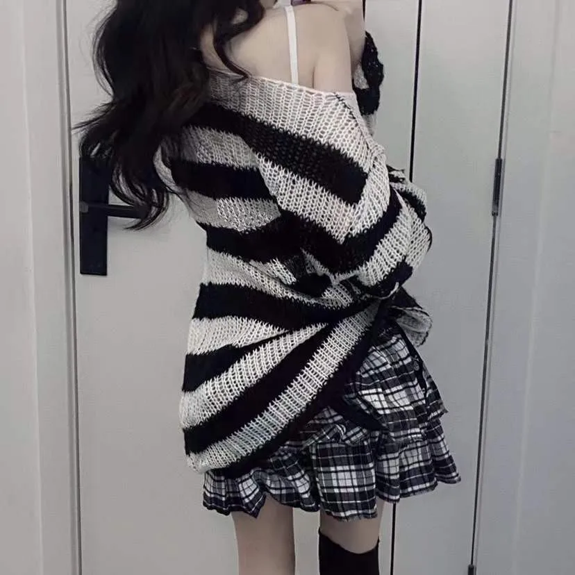 Punk Gothic Long Sweater Women Dark Aesthetic Striped Pullovers Hollow ...