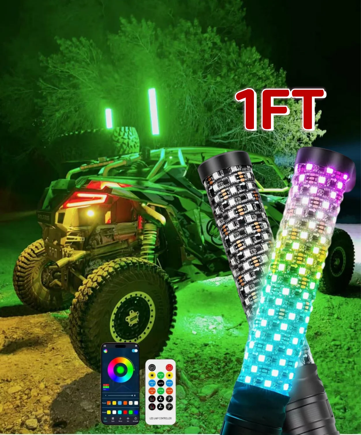 2PCS-1FT-Spiral-LED-Fat-Whip-Lights-Antenna-RGB-Chasing-For-Can-am-X3 ...