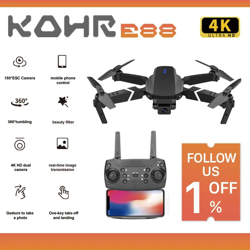 Kohr E88 Pro Rc Drone New Fpv Wifi With Wide Angle Hd 4k Camera Drone