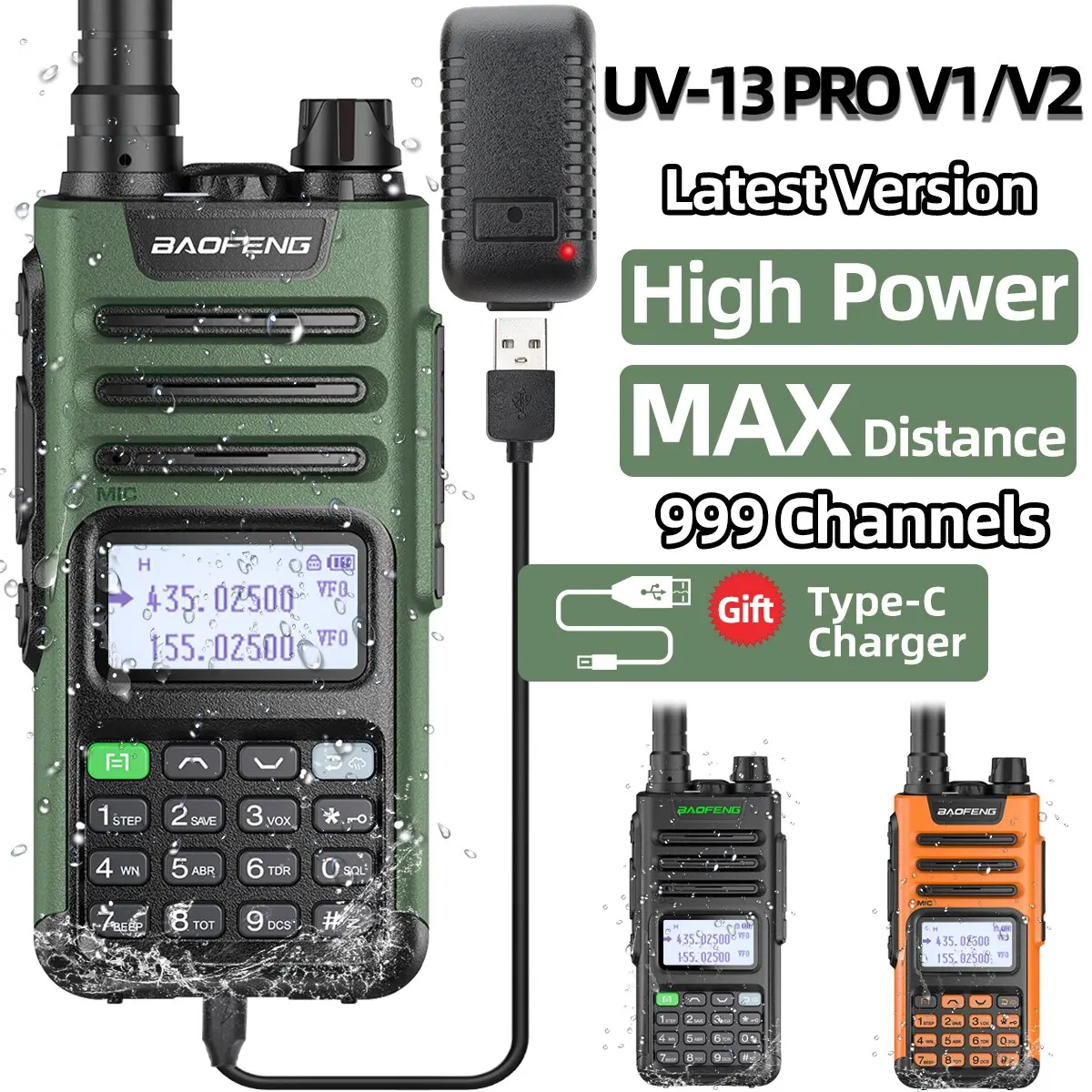 BaoFeng UV-13 PRO V1 V2 Alta Potência Dual Band Walkie Talkie Tipo C ...