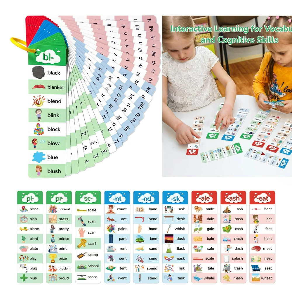 Kids Early Reading Flash Cards - 24 Long Strip Letter Combos with Image ...