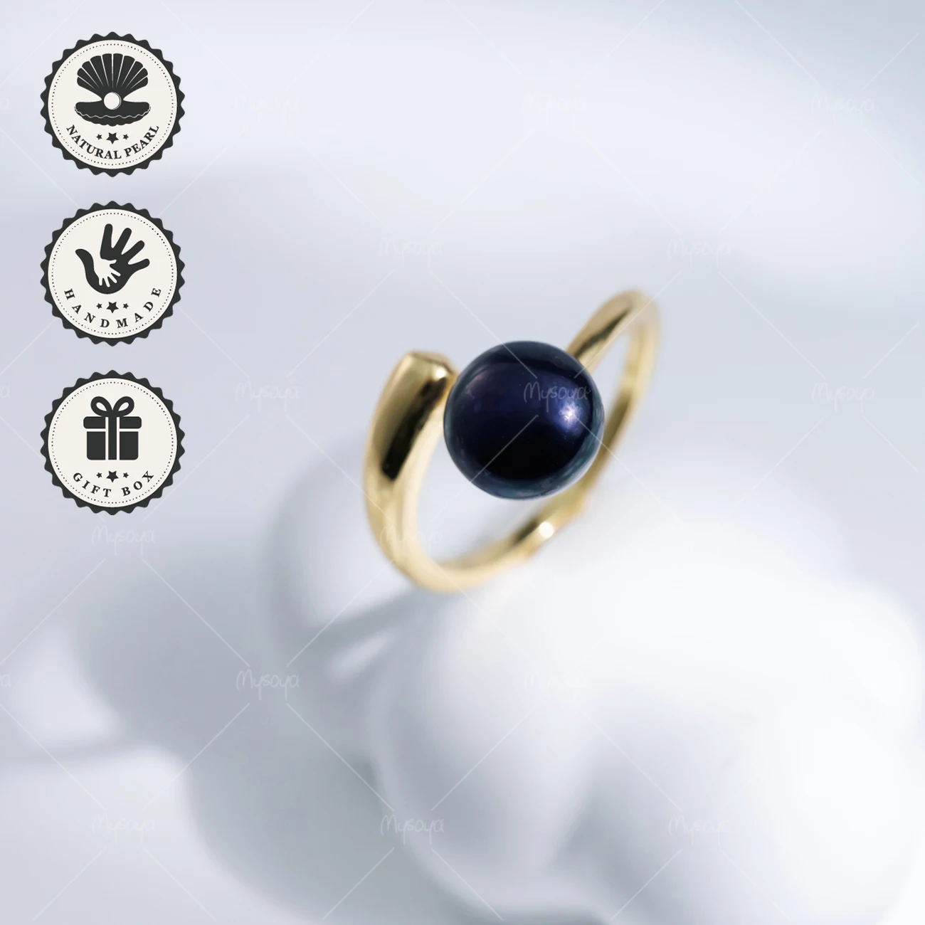 MYSOYA 8-9mm Black Freshwater Pearl Open Ring, Golden Minimalist Smooth ...