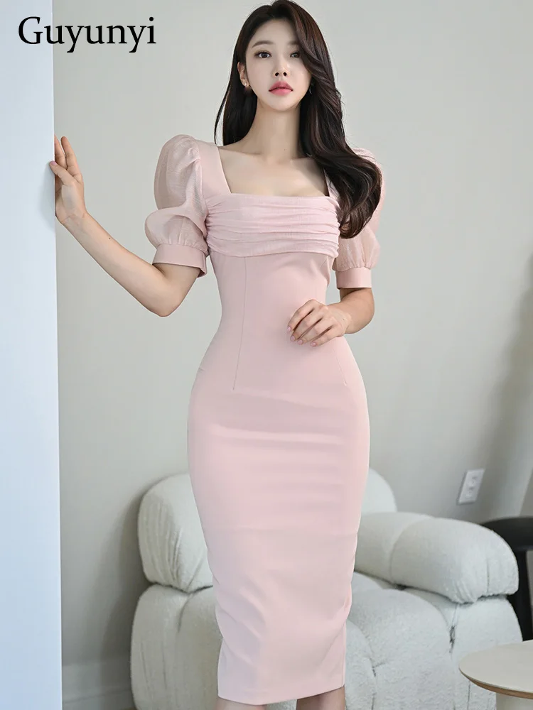 Elegant-Office-Lady-Dress-Summer-Pink-Fashion-Square-Neck-Panel-Mesh ...