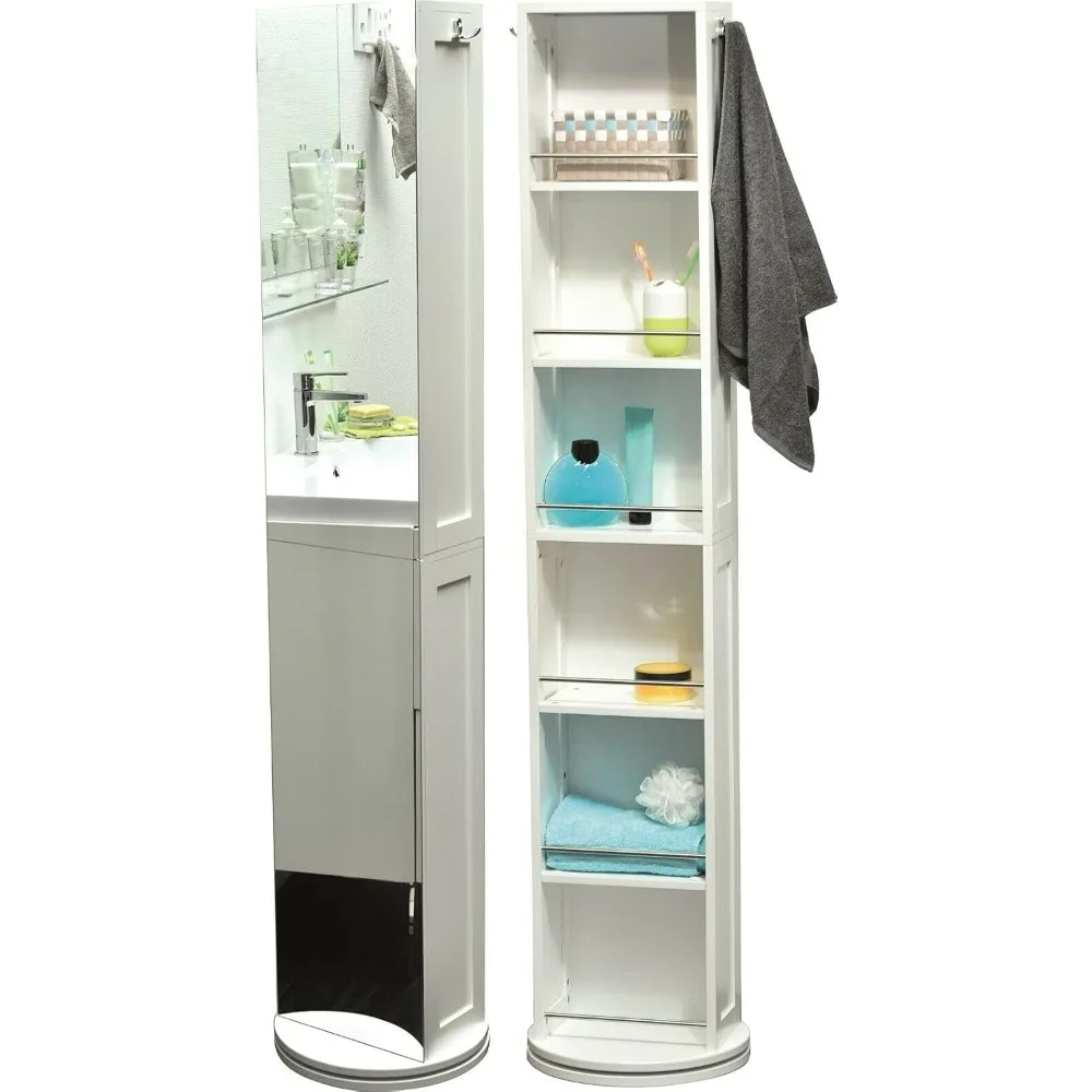 White-Swivel-Storage-Tower-Cabinet-Organizer-with-Mirror-for-Linens-and ...