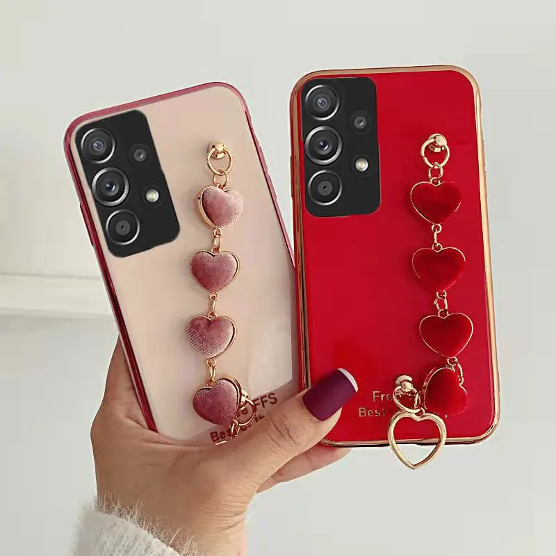 For-Samsung-S22-Case-Luxury-Plating-Heart-Wrist-Chain-Silicone-Case-For ...