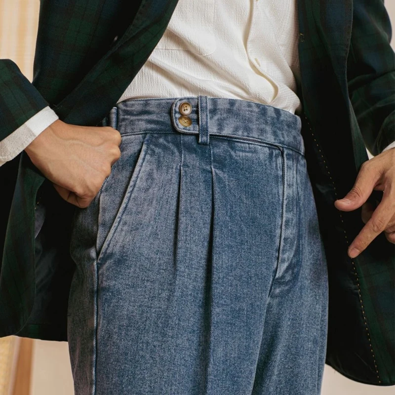 Oldyanup Men Naples Jeans Pants British Styles Double Pleat Waist ...