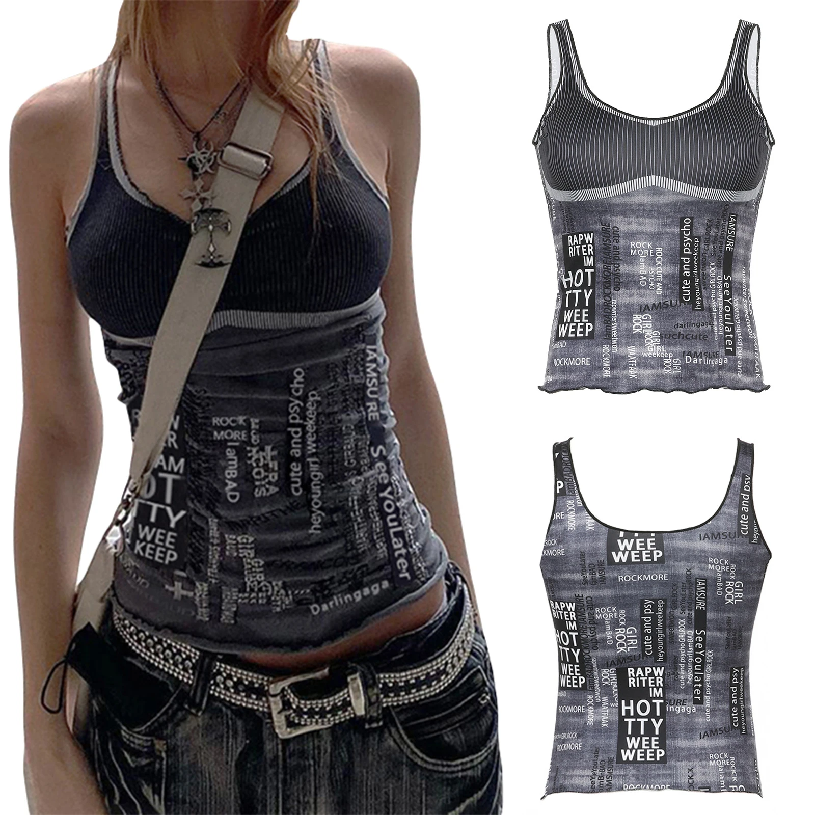 Women-Fashion-Trend-Summer-Vest-Sling-Low-Cut-Neck-Letter-And-Patchwork ...
