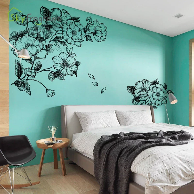Extra-large-wall-sticker-sketch-flowers-self-adhesive-TV-sofa ...