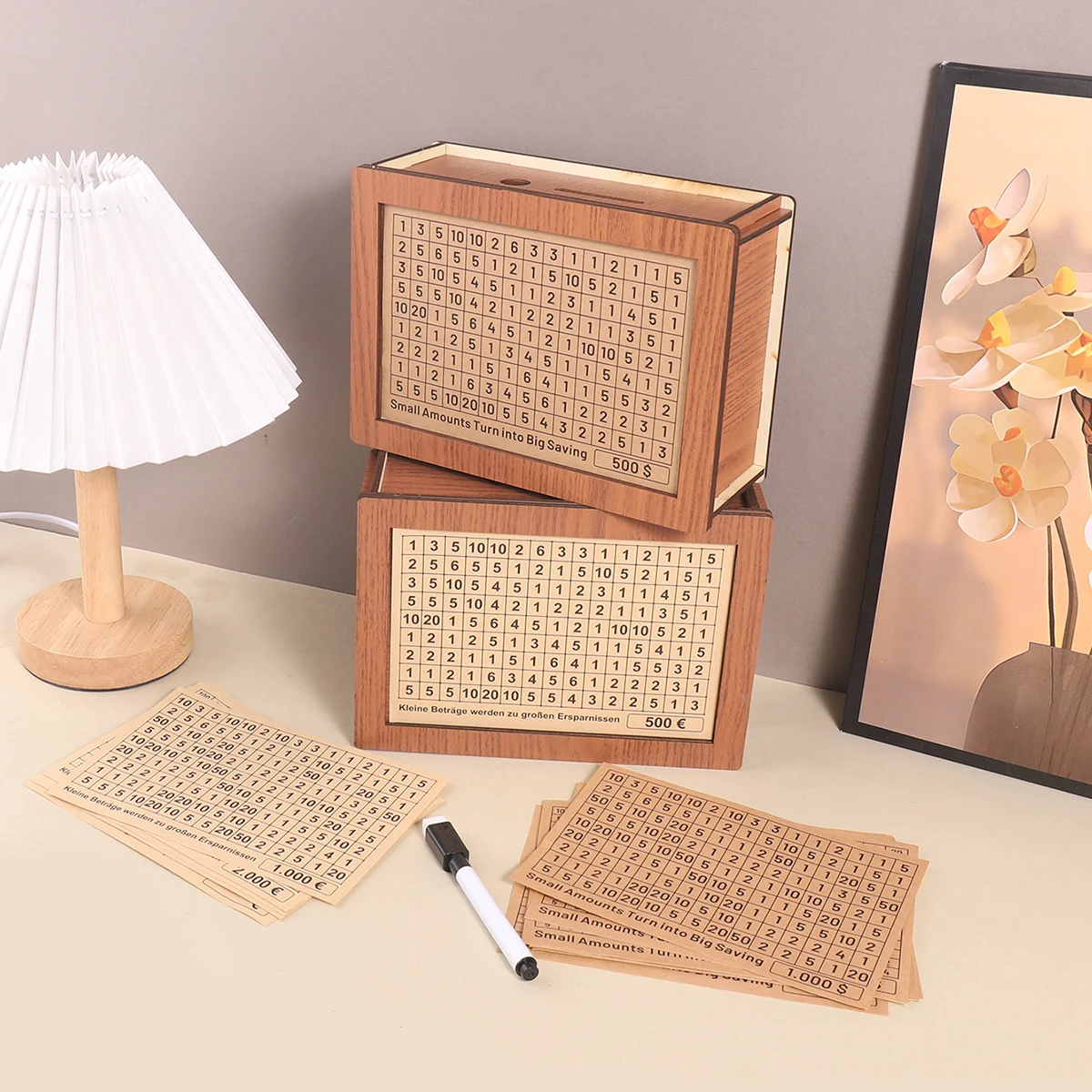 1 Light brown wooden money box, cash storage box with replaceable ...